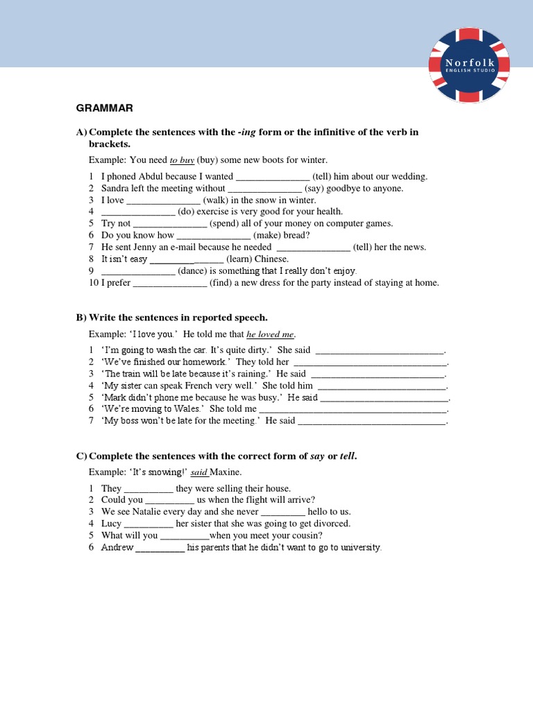 ING Vs TO INF & Reported Speech - Practice | PDF