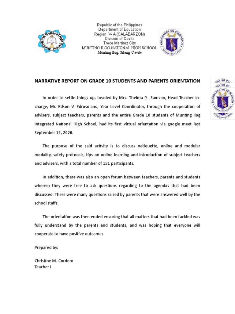 Narrative Report On Students and Parents Orientation | PDF