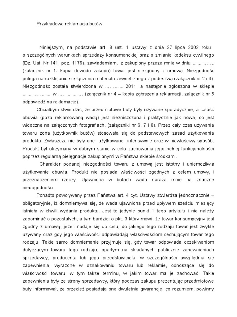 Przykładowa Reklamacja Butów | PDF