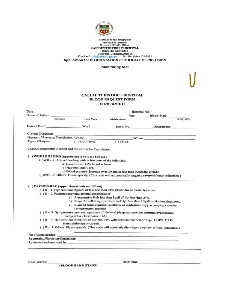Blood Request Form for Calumpit Hospital | PDF