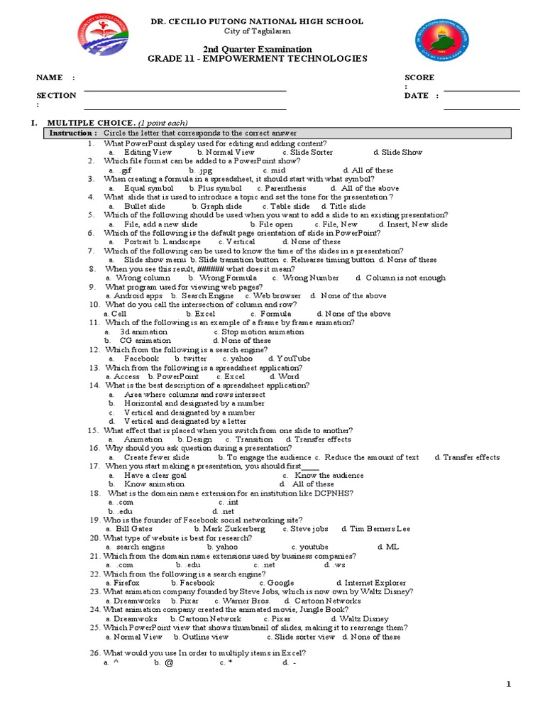 Grade 11 EmTech 2nd Quarter Exam | PDF | Microsoft Excel | Spreadsheet