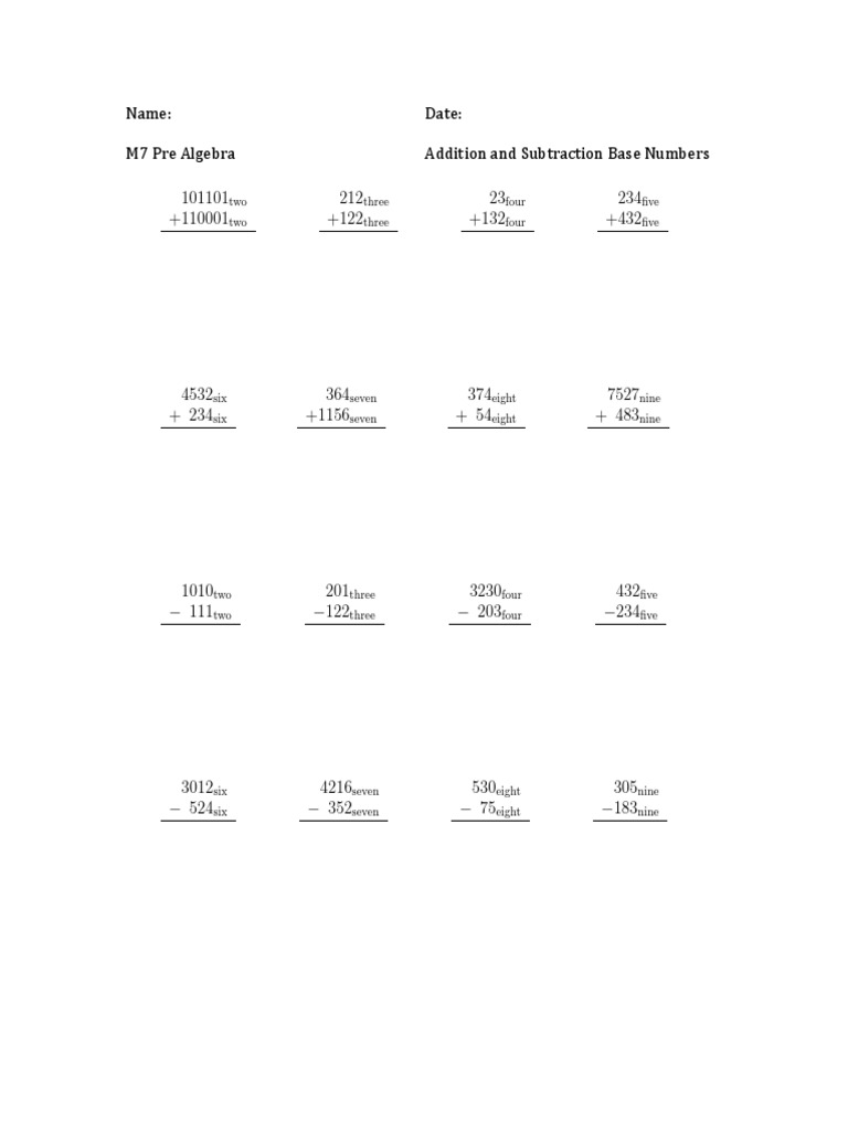 Pre-Algebra Base Number Worksheet | PDF