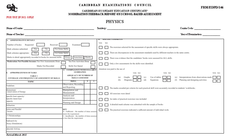 Moderation Feedback Report On SBA Physics | PDF
