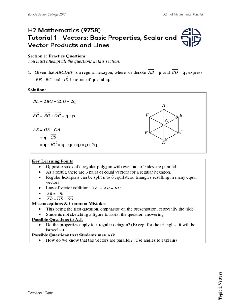 JC1 H2 Math Vectors Tutorial | PDF | Euclidean Vector | Angle