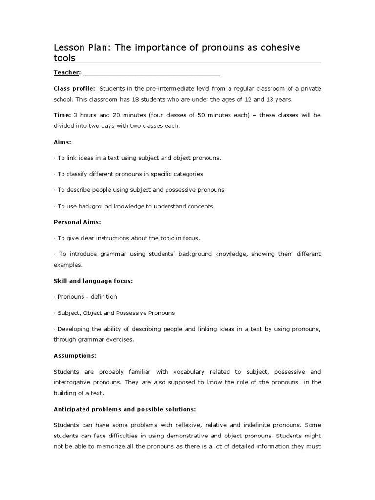 Pronouns as cohesive tools in lesson plans | PDF | Pronoun | Question