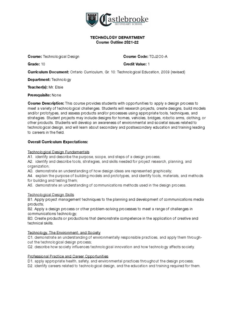 Grade 10 Technological Design Course Outline | PDF | Educational ...