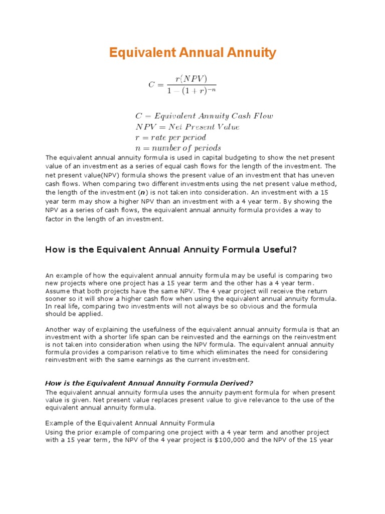 Equivalent Annual Annuity | PDF | Net Present Value | Capital Budgeting