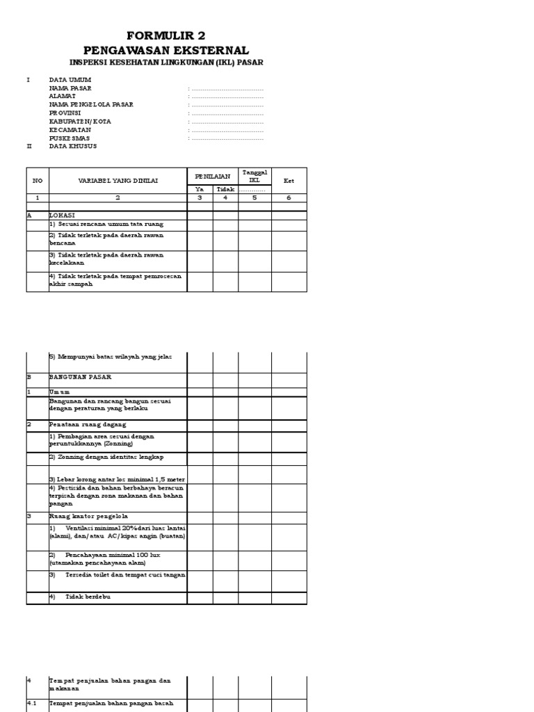 Formulir Inspeksi Kesehatan Pasar | PDF | Sains & Matematika ...