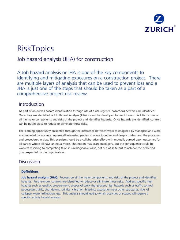 Job Hazard Analysis For Construction RT | PDF | Risk | Hazards