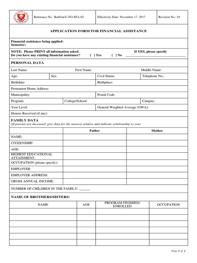 BatStateU-FO-SFA-02 - Financial Assistance Application Form - Rev 01 | PDF