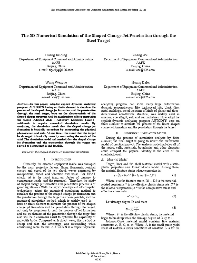 The 3D Numerical Simulation of The Shaped Charge Jet Penetration ...