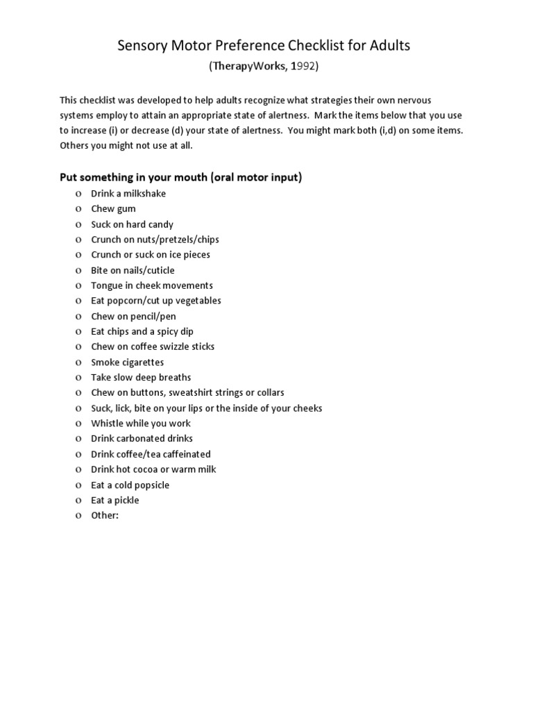 Adult Sensory Motor Preference Checklist | PDF