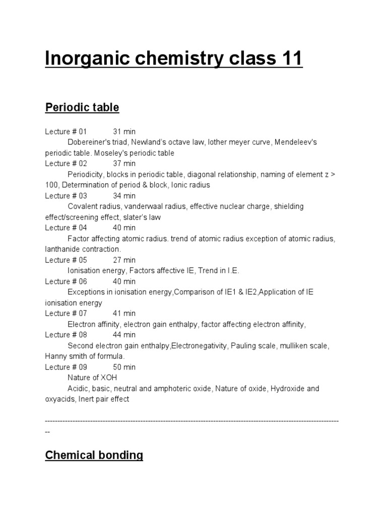 Inorganic Chemistry Class 11: Periodic Table | PDF | Chemical Bond ...