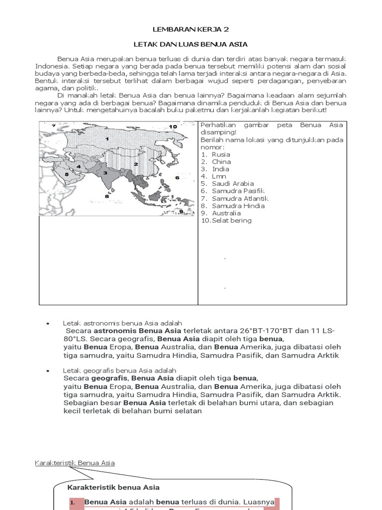 Lembaran Kerja 2 Letak Dan Luas Benua Asia: Karakteristik Benua Asia ...