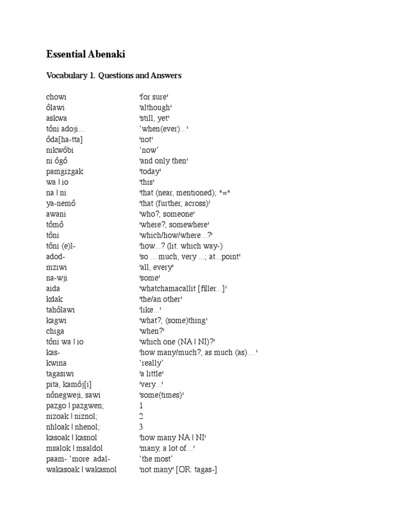Essential Abenaki: Vocabulary 1. Questions and Answers | PDF