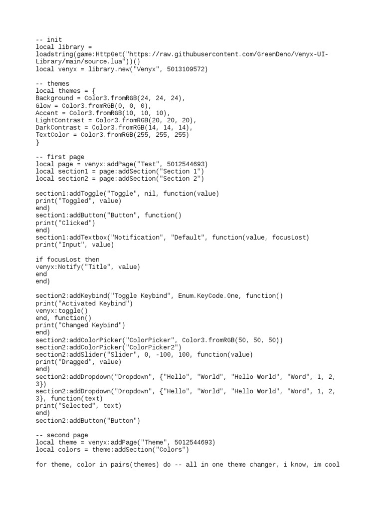 Configuration of a Venyx UI Library user interface with sections ...