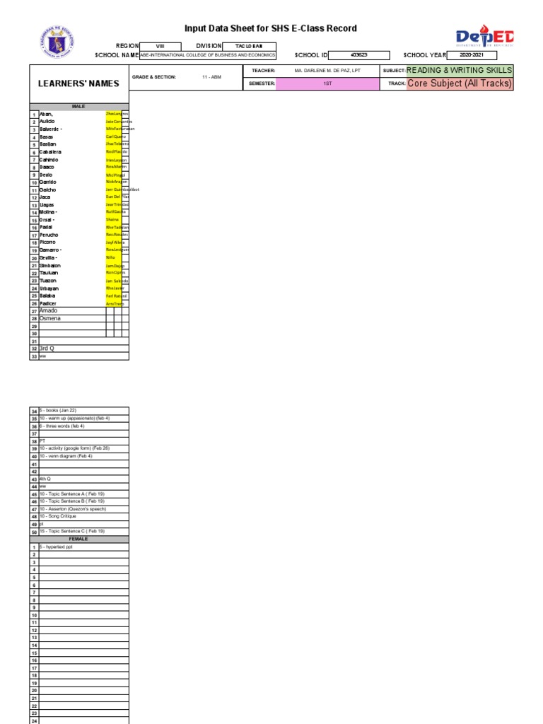Input Data Sheet For SHS E-Class Record: Learners' Names | PDF