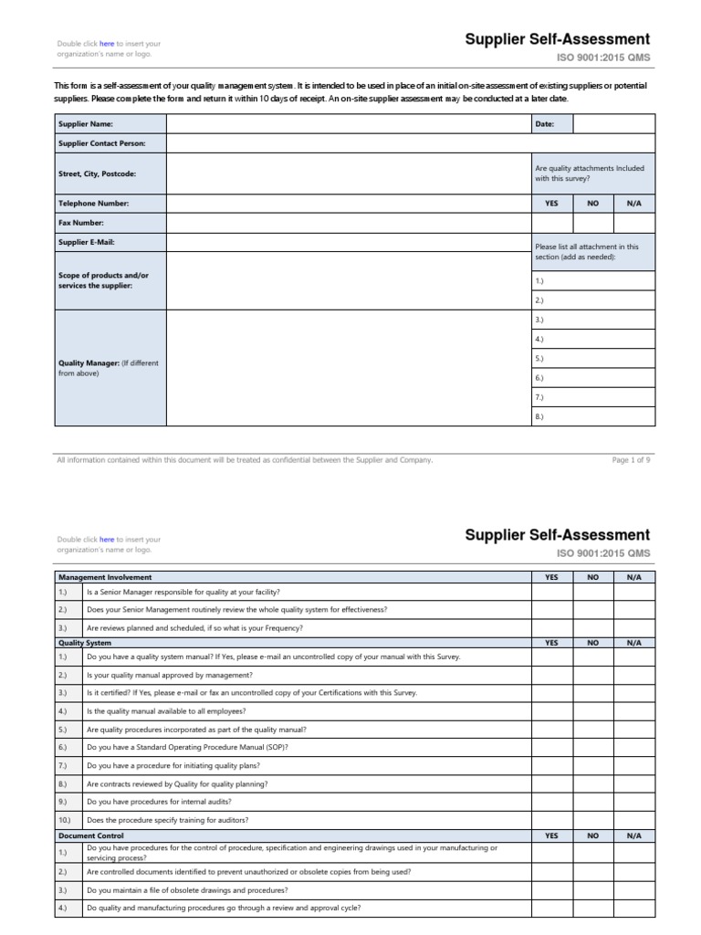 Supplier Self-Assessment: ISO 9001:2015 QMS | PDF | Iso 9000 | Audit