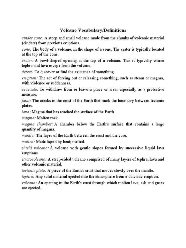 Volcano Vocabulary and Definitions | PDF