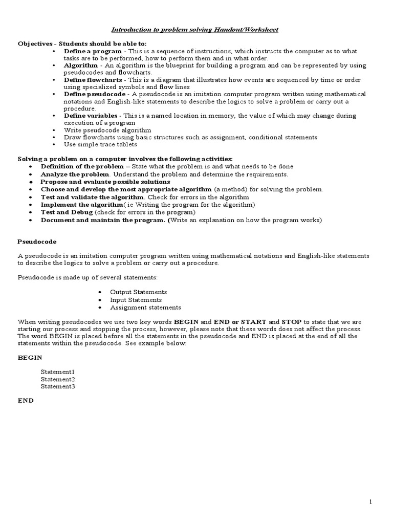 Introduction To Problem Solving Handout/Worksheet | PDF | Algorithms ... Introduction To Problem Solving Handout/Worksheet | PDF | Algorithms ...