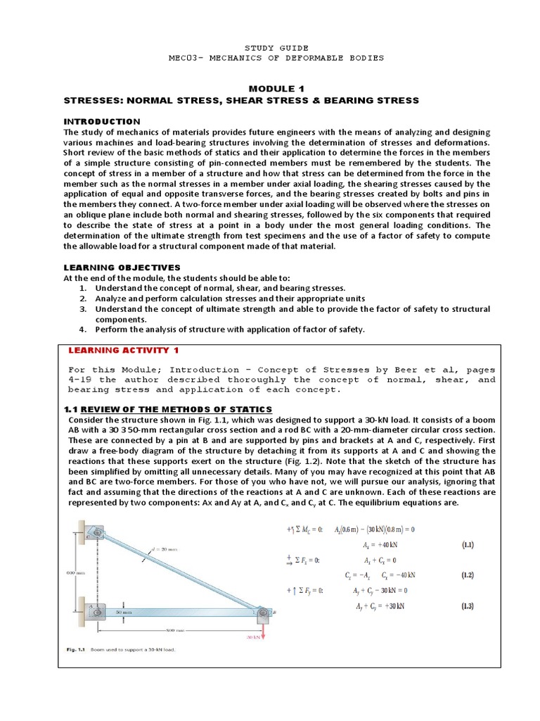 Module 1 - Stresses-Normal Stress, Shear Stress and Bearing Stress | PDF | Stress (Mechanics ...