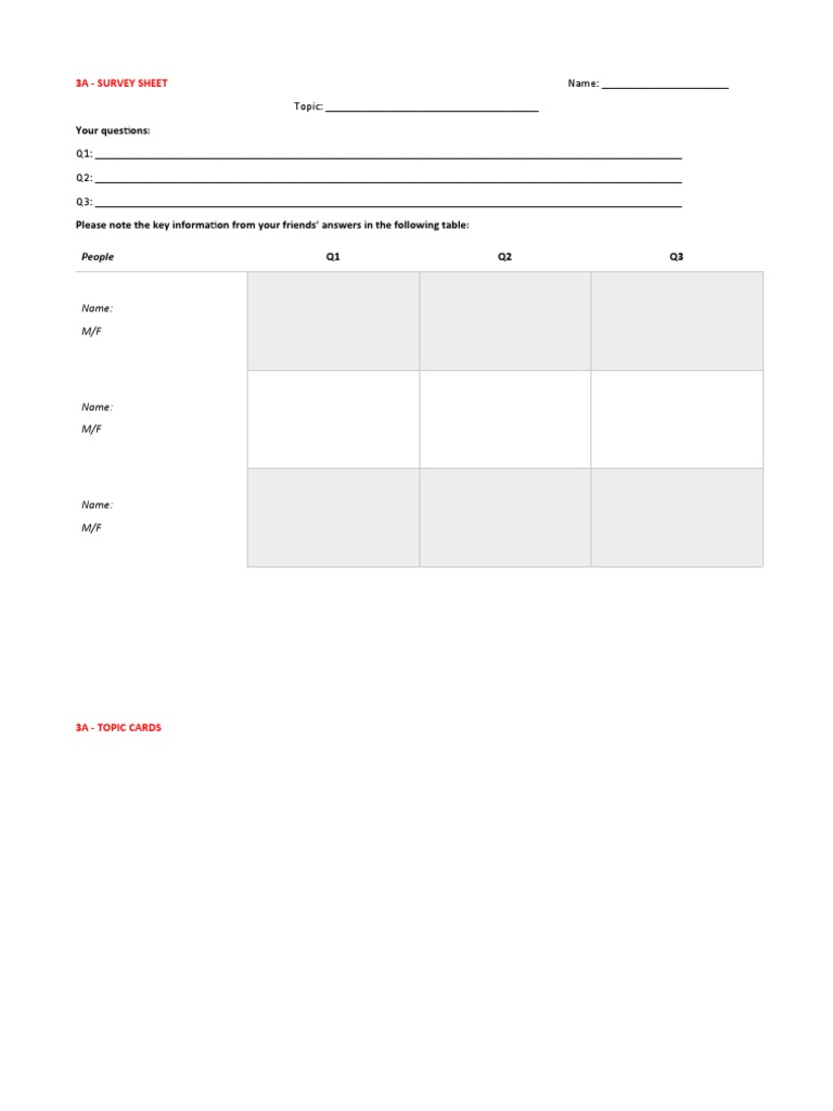 3A - Survey Sheet: Your Questions | PDF