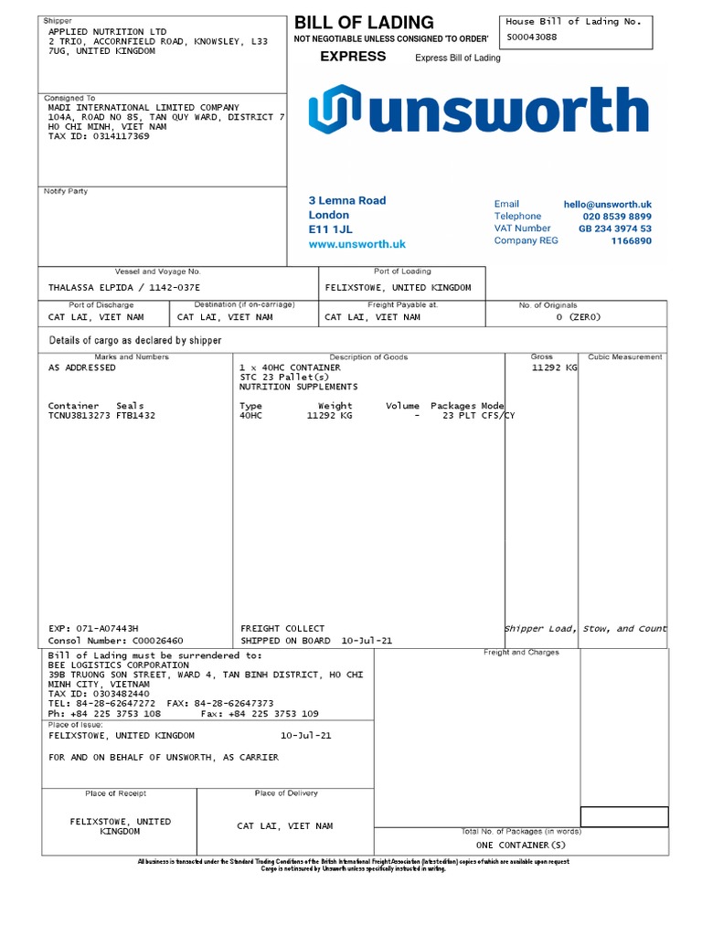 Bill of Lading - S00043088 | PDF | Cargo | Bill Of Lading