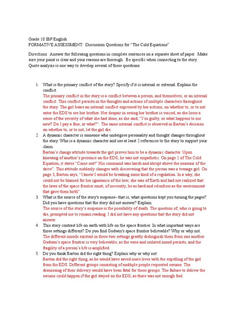 The Cold Equations Questions | PDF | Cognition | Psychological Concepts