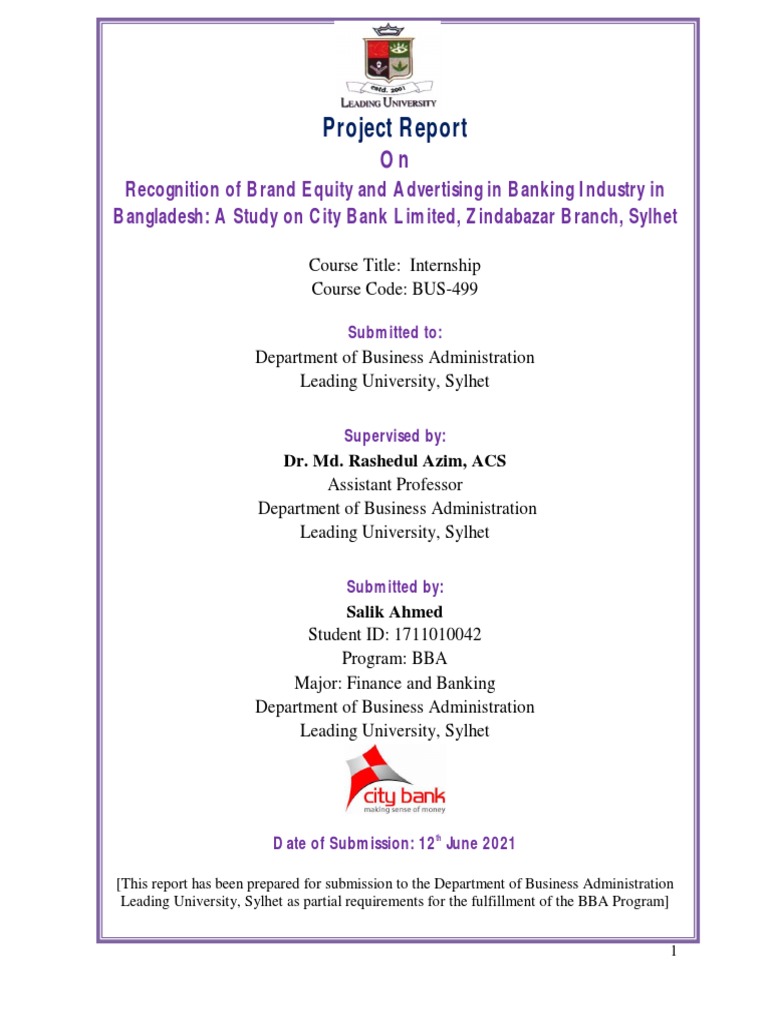 Salik Ahmed, BBA, Project Report 2021, FullBrand Equity and Advertising Iin CBL | PDF | Banks ...