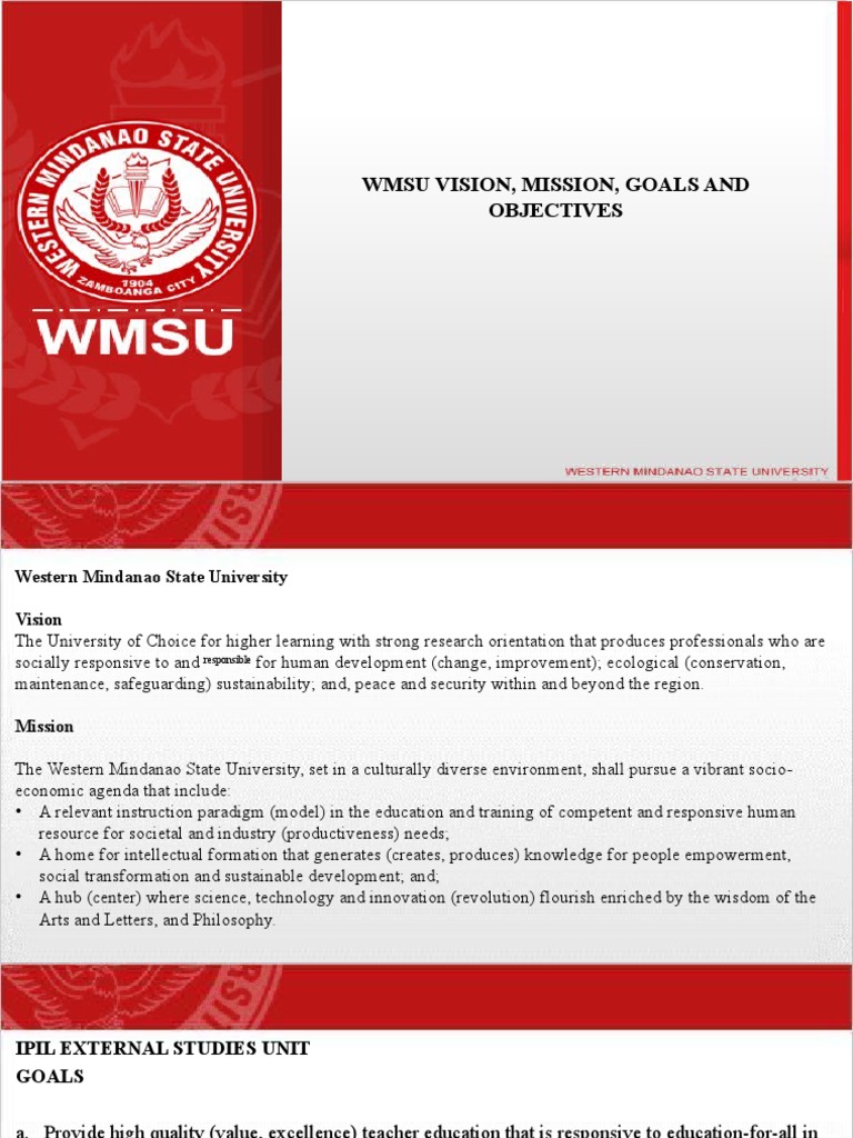 Wmsu Vision, Mission, Goals and Objectives | PDF