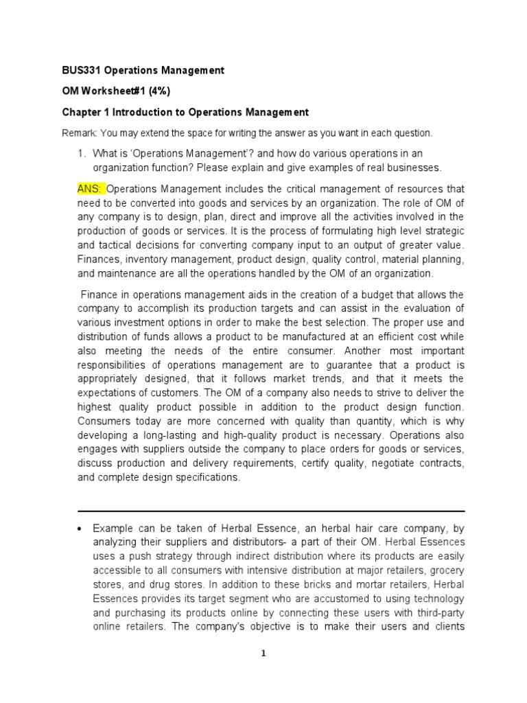 BUS331 Operations Management OM Worksheet#1 (4%) Chapter 1 Introduction To Operations Management ...