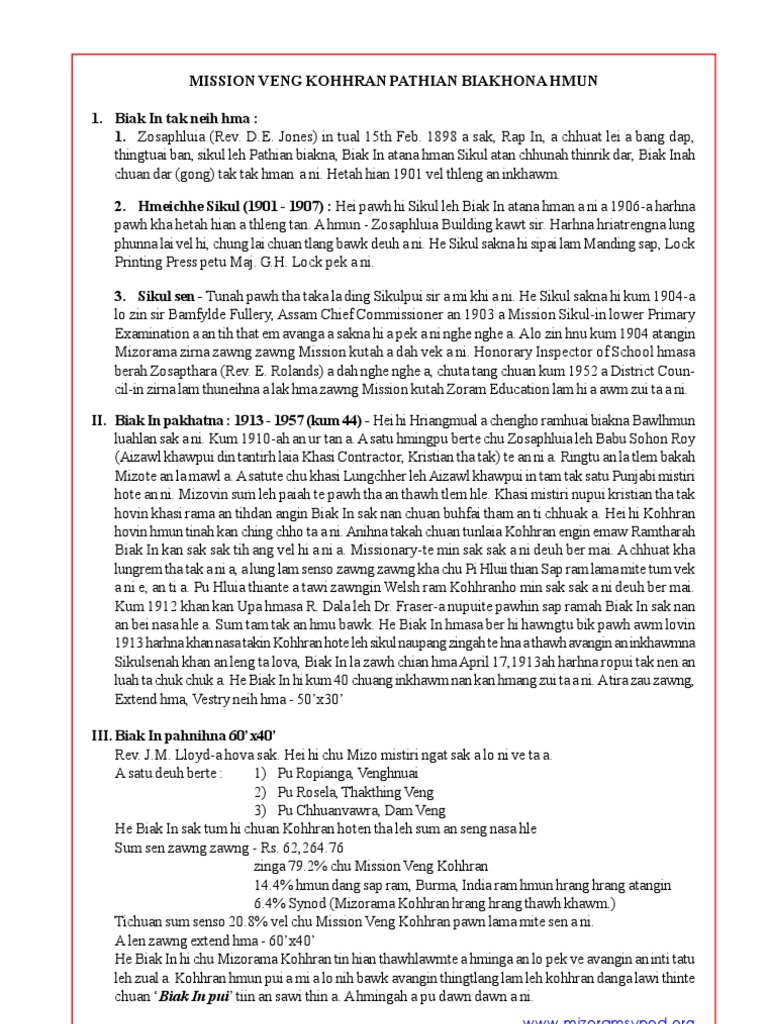 Mission Veng Kohhran Pathian Biakhona Hmun | PDF