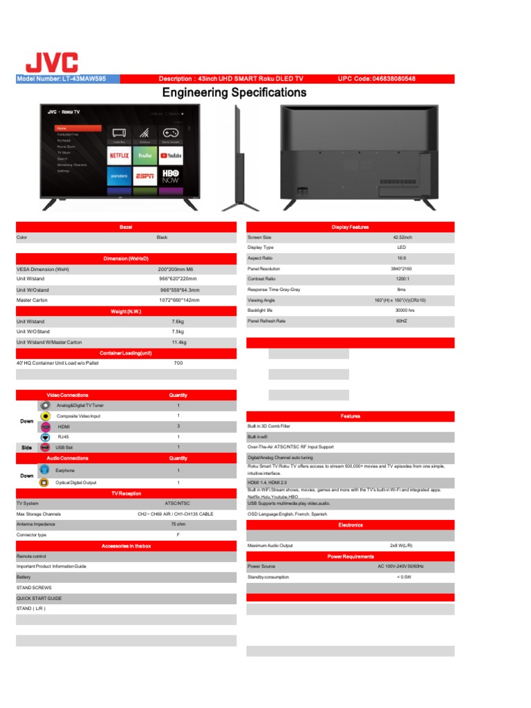 JVC Roku TV Spec LT-43MAW595 | PDF | Roku | Hdmi