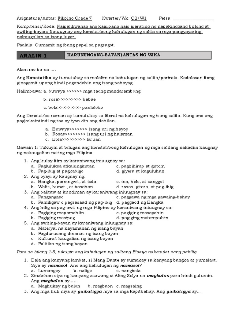 Learning Activity Sheets in Filipino 7 | PDF