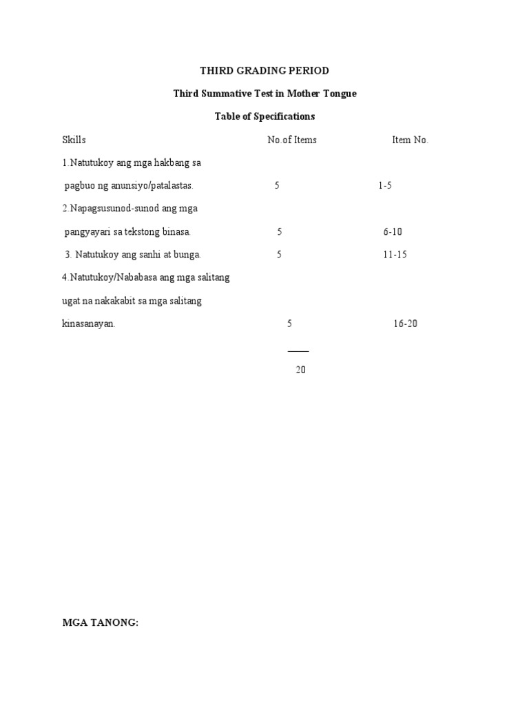 THIRD GRADING PERIOD Third Summative Test in Mother Tongue | PDF