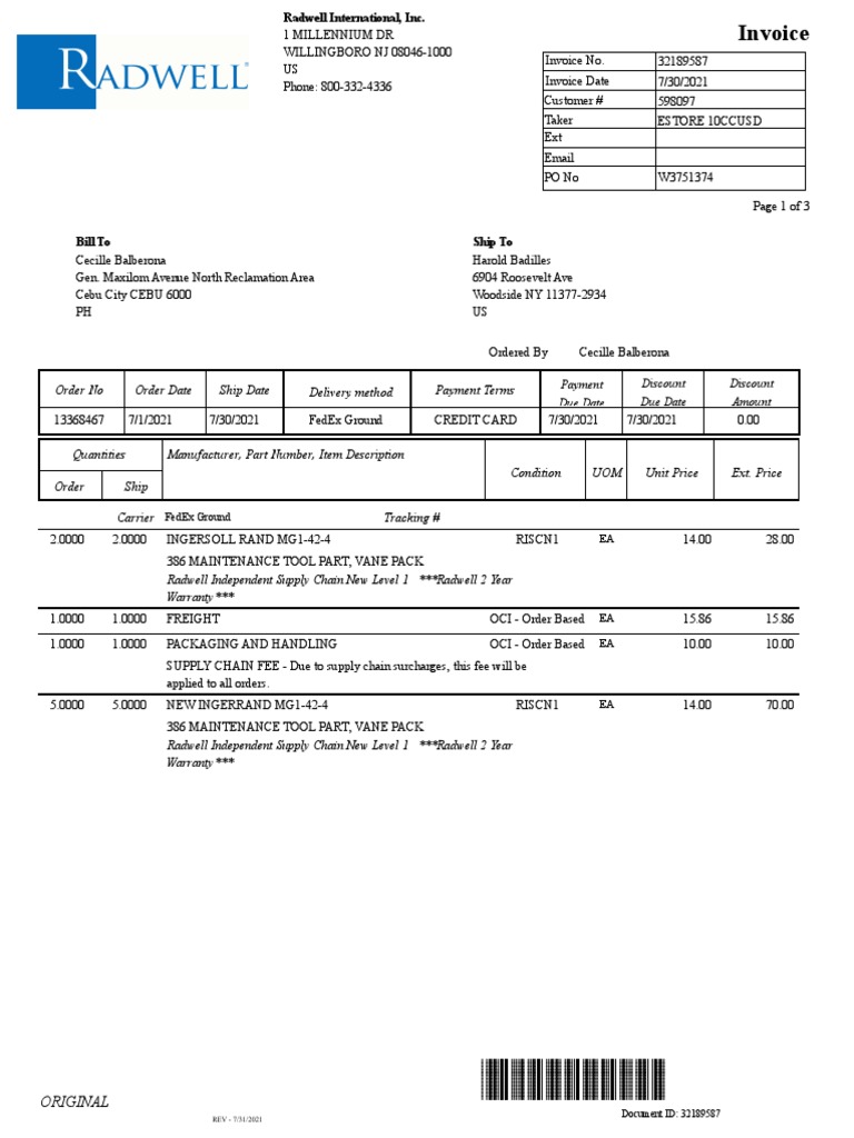 Radwell International Supply Chain Invoice for Maintenance Tool Parts ...
