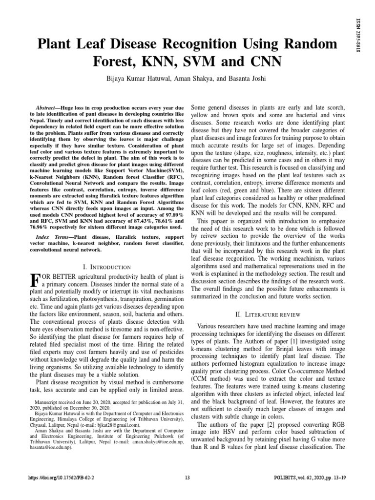 Plant Leaf Disease Recognition Using Random Forest KNN SVM and CNN | PDF | Machine Learning ...