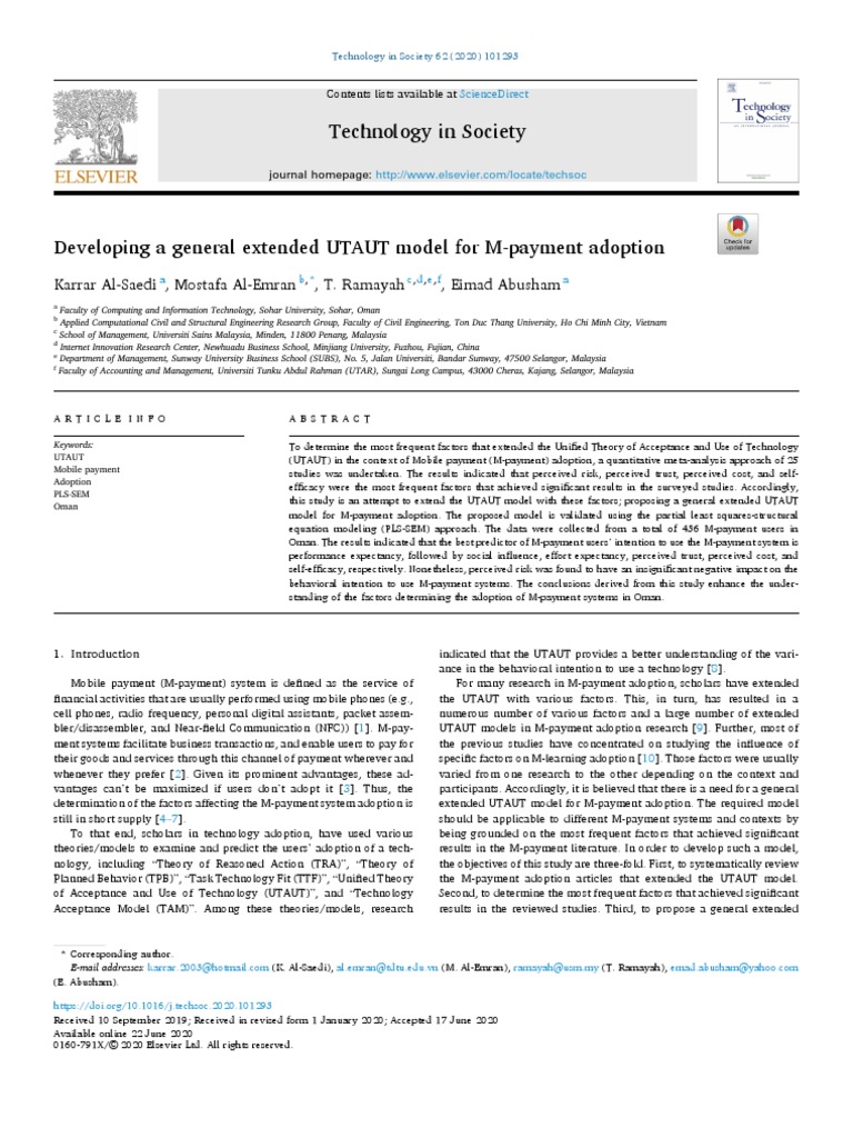 Developing A General Extended UTAUT Model For M-Payment Adoption | PDF ...