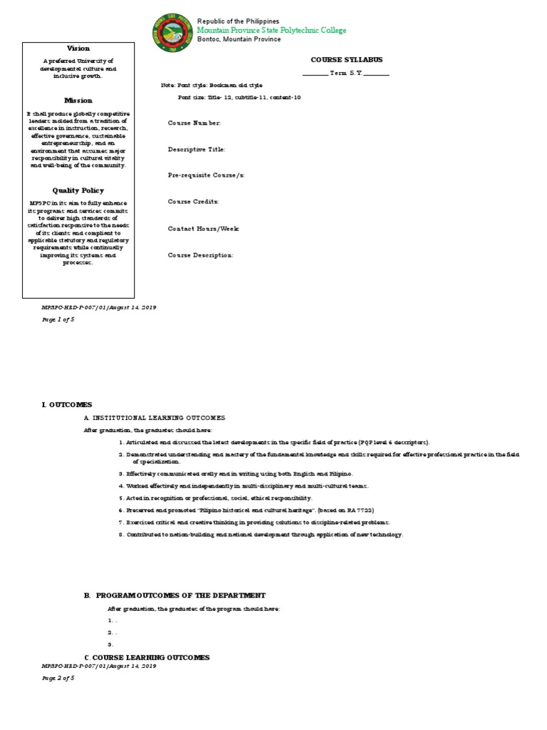 Mountain Province State Polytechnic College: Vision Course Syllabus ...