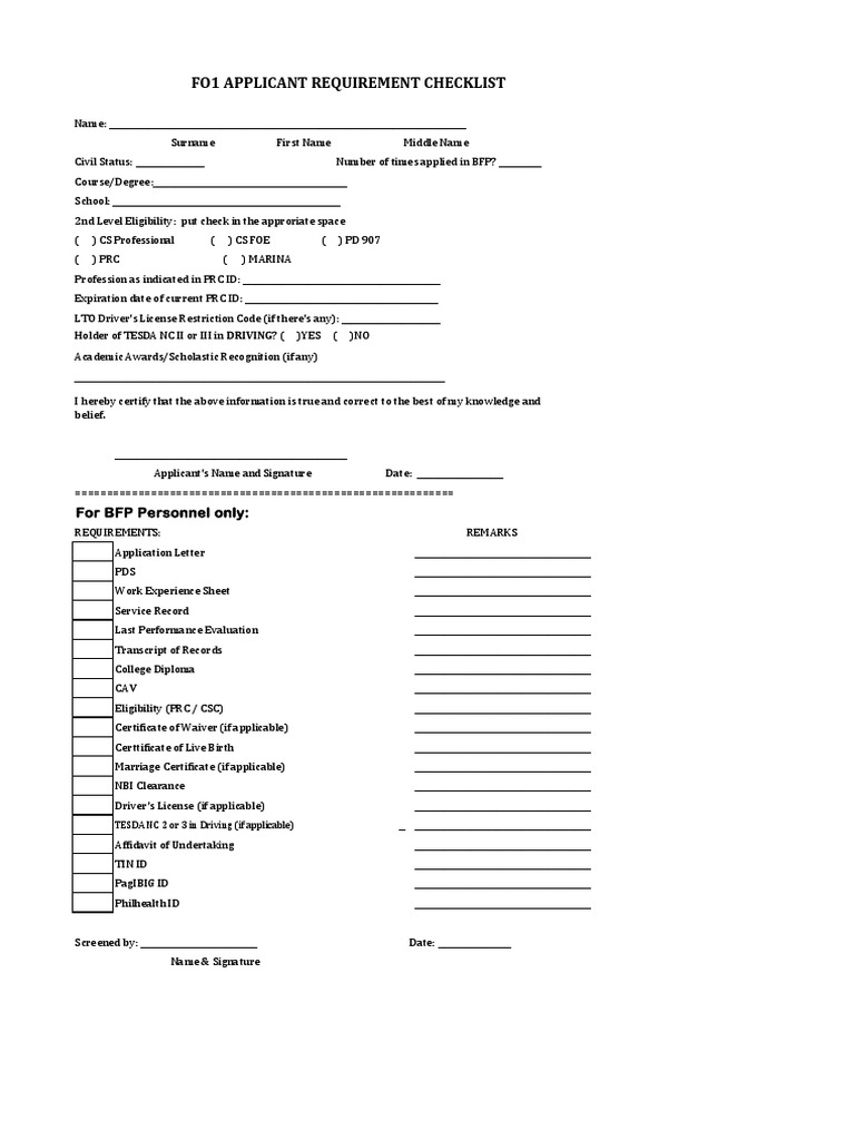FO1 Application Requirements Checklist | PDF
