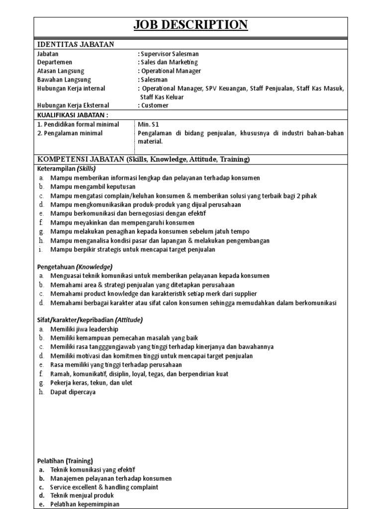 Draft Jobdesc SPV Salesman | PDF | Bisnis