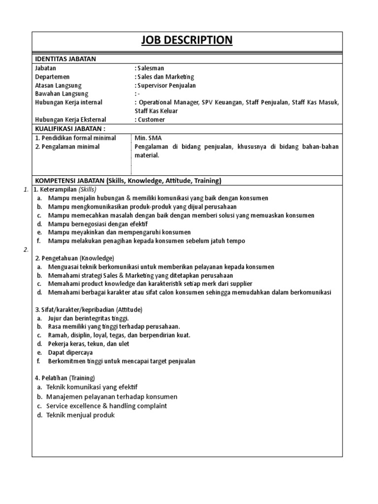 Draft Final Jobdesc Salesman | PDF | Karier & Perkembangan ...