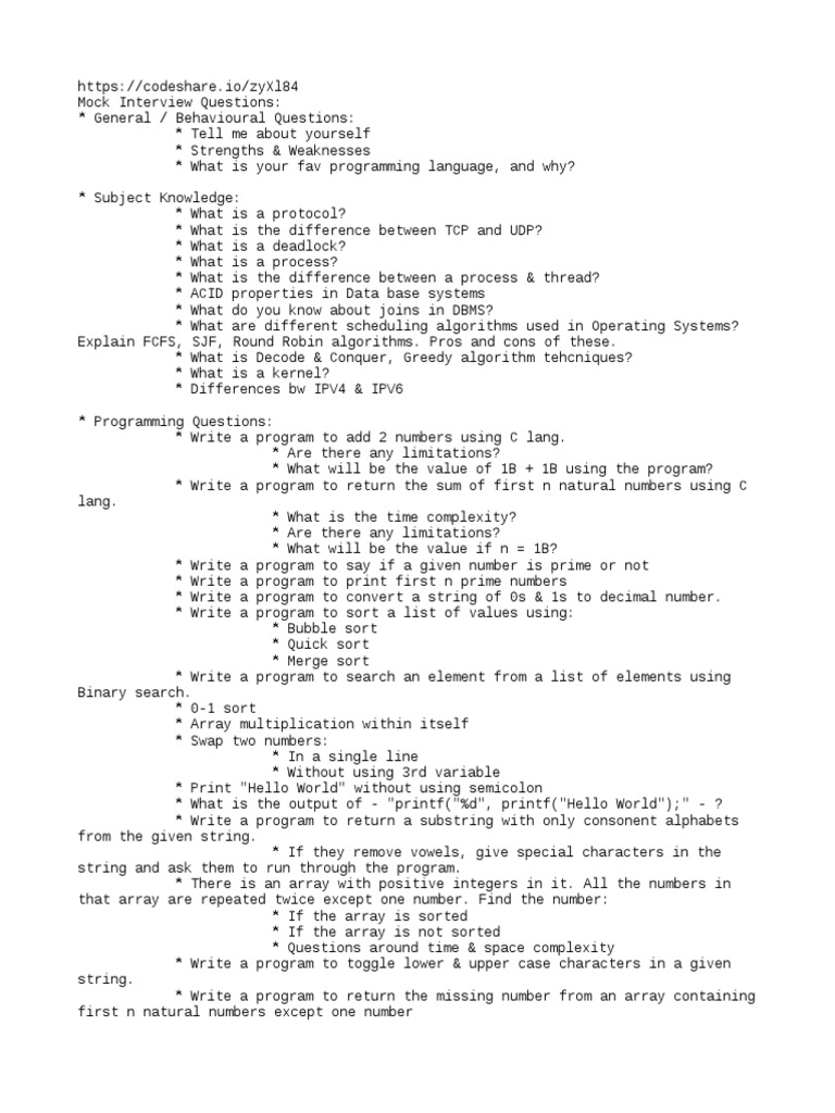 Mock Interview Questions | PDF | String (Computer Science) | Class ... Mock Interview Questions | PDF | String (Computer Science) | Class ...