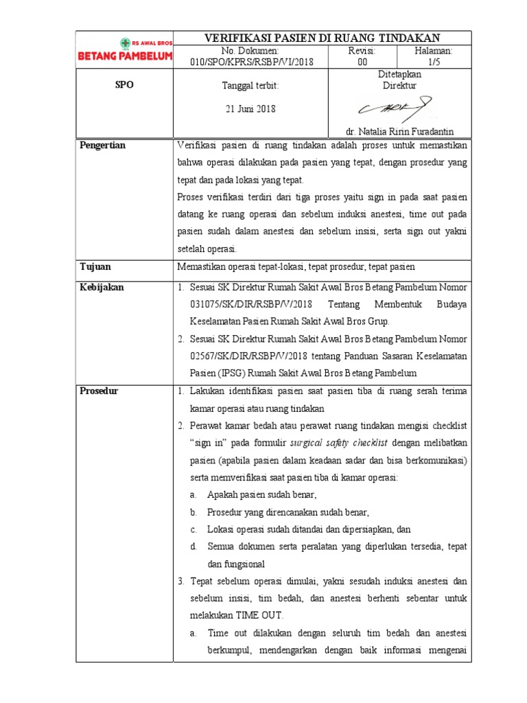010 SPO Verifikasi Pasien Di Ruang Tindakan | PDF