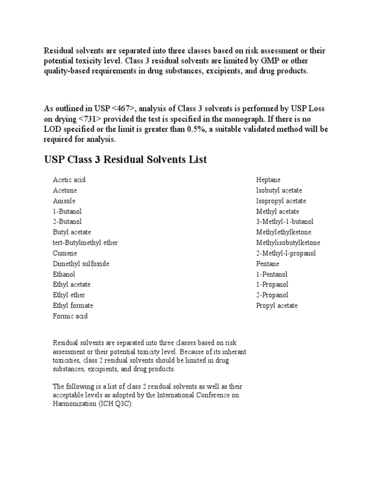 Class 1, 2, 3 Residual Solvents List | PDF | Solvent | Benzene