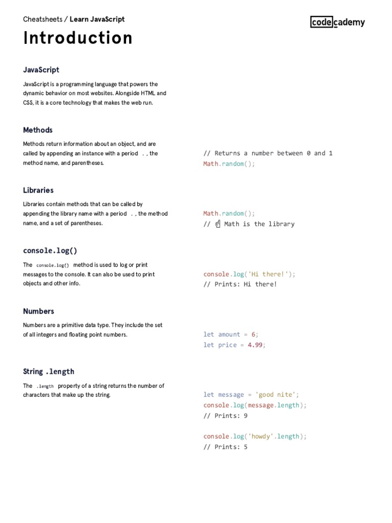 Learn Javascript Introduction Cheatsheet Codecademy Pdf
