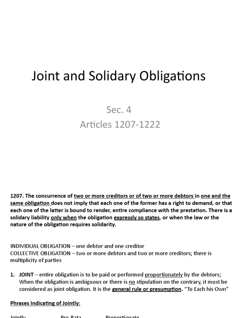 Joint and Solidary Obligations: Sec. 4 Articles 1207-1222 | PDF | Law ...