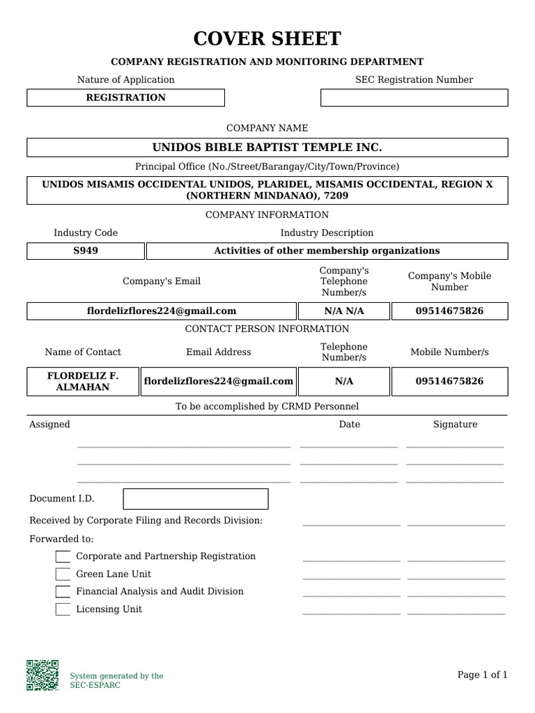 Cover Sheet: Unidos Bible Baptist Temple Inc | PDF | Computing