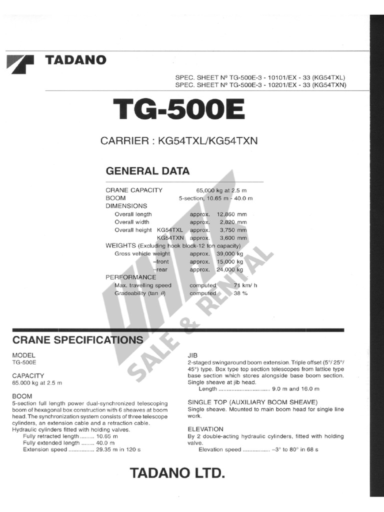 Loadchart Tadano TG 500e | PDF
