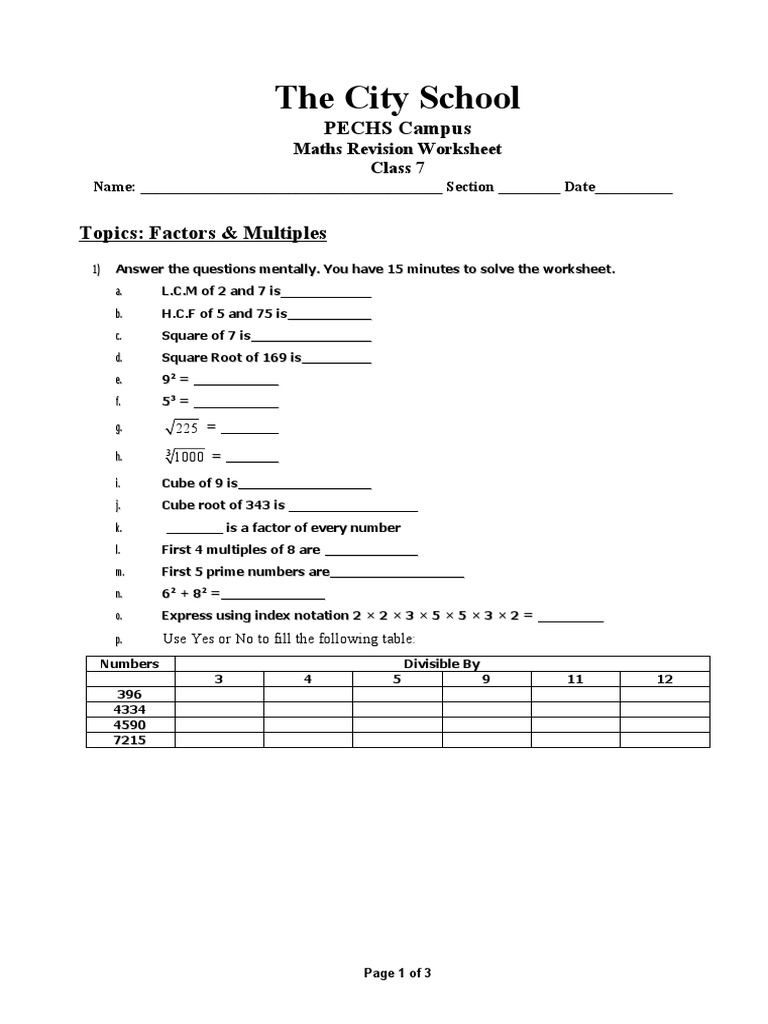 Math-Revision-Worksheet - Class 7 | PDF | Mathematics